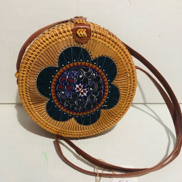 Bags | Beautiful Hand Painted Rattan Round Purse3 Inches Long | Poshmark